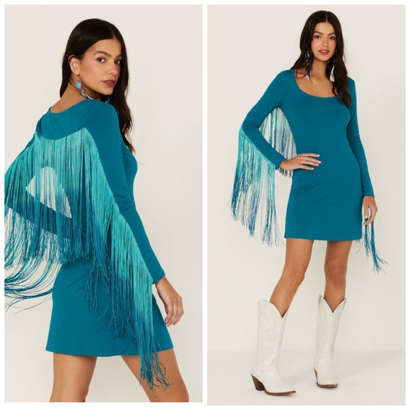 Idyllwind | Dresses | Teal Fringe Long Sleeve Dress | Poshmark
